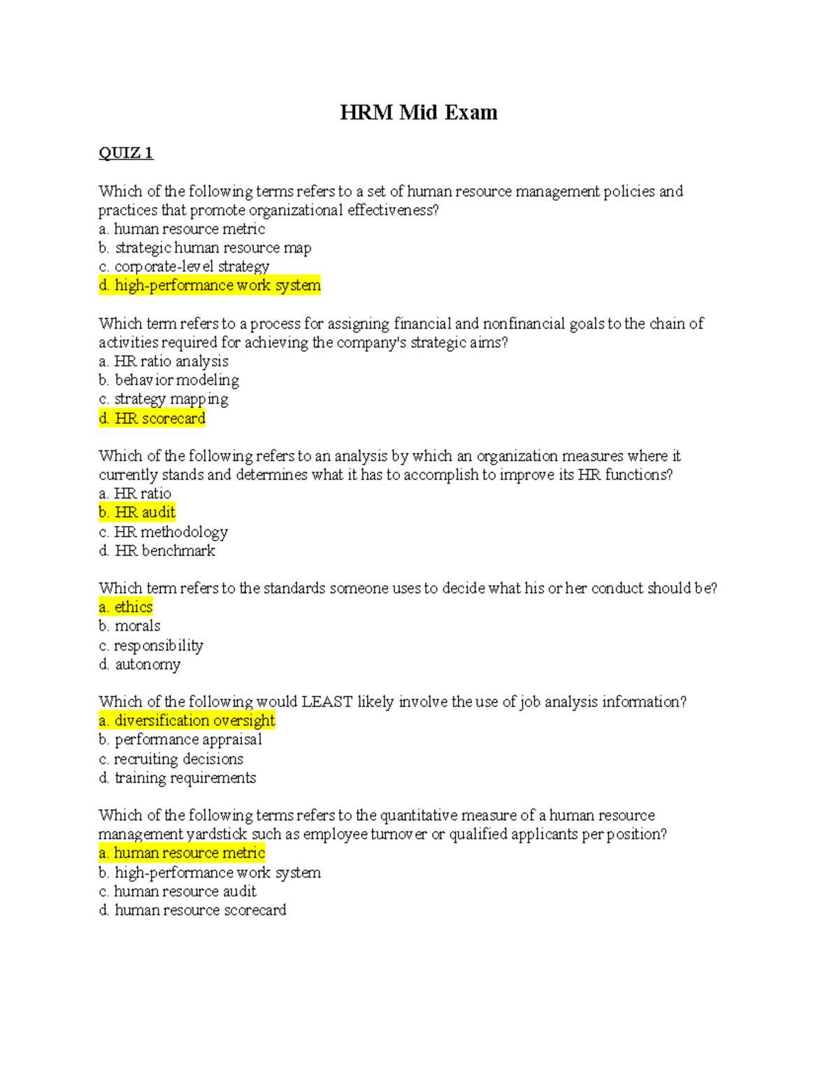 HRM Mid Exam Quiz: Key Concepts & Definitions in Human Resource ...