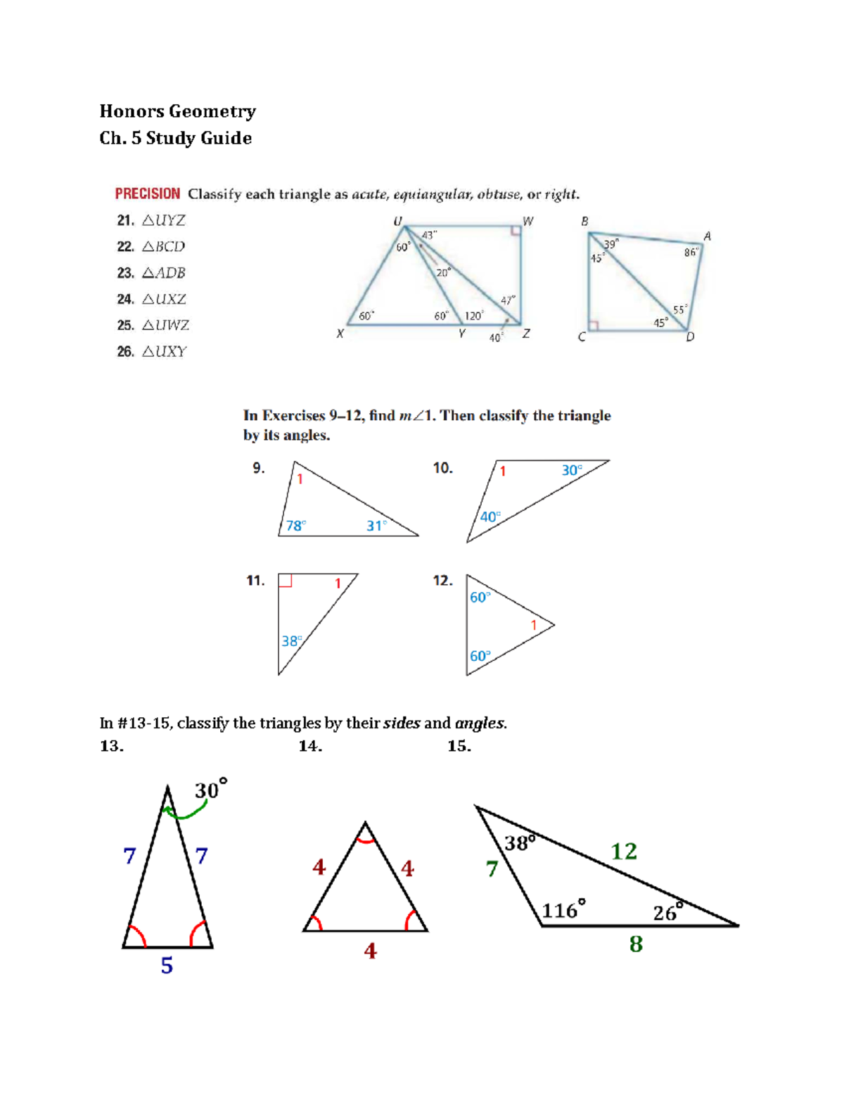 Honors Geometry Ch. 5 Study Guide: Triangle Classification & Congruence ...