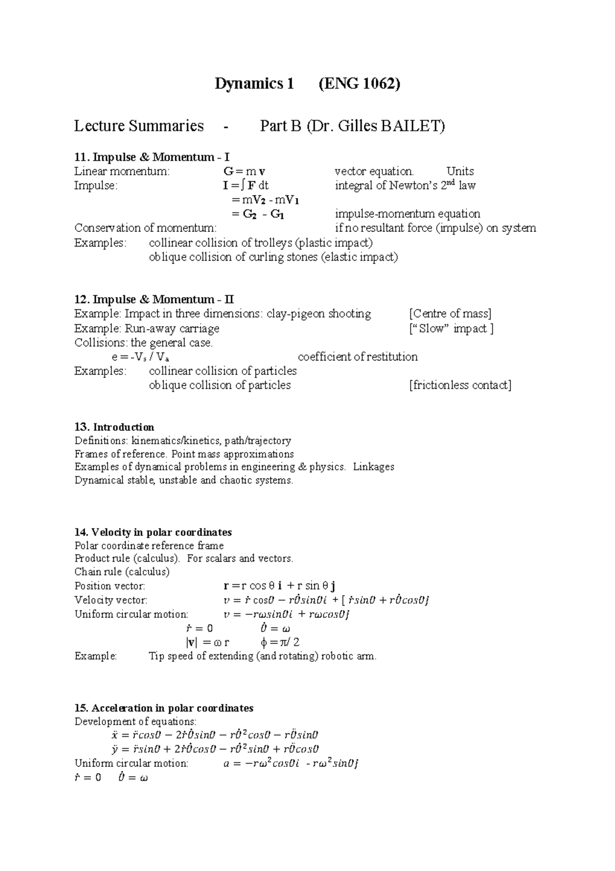 Lecture Summaries on Dynamics 1 (ENG 1062) - Part B - Dynamics 1 (ENG ...