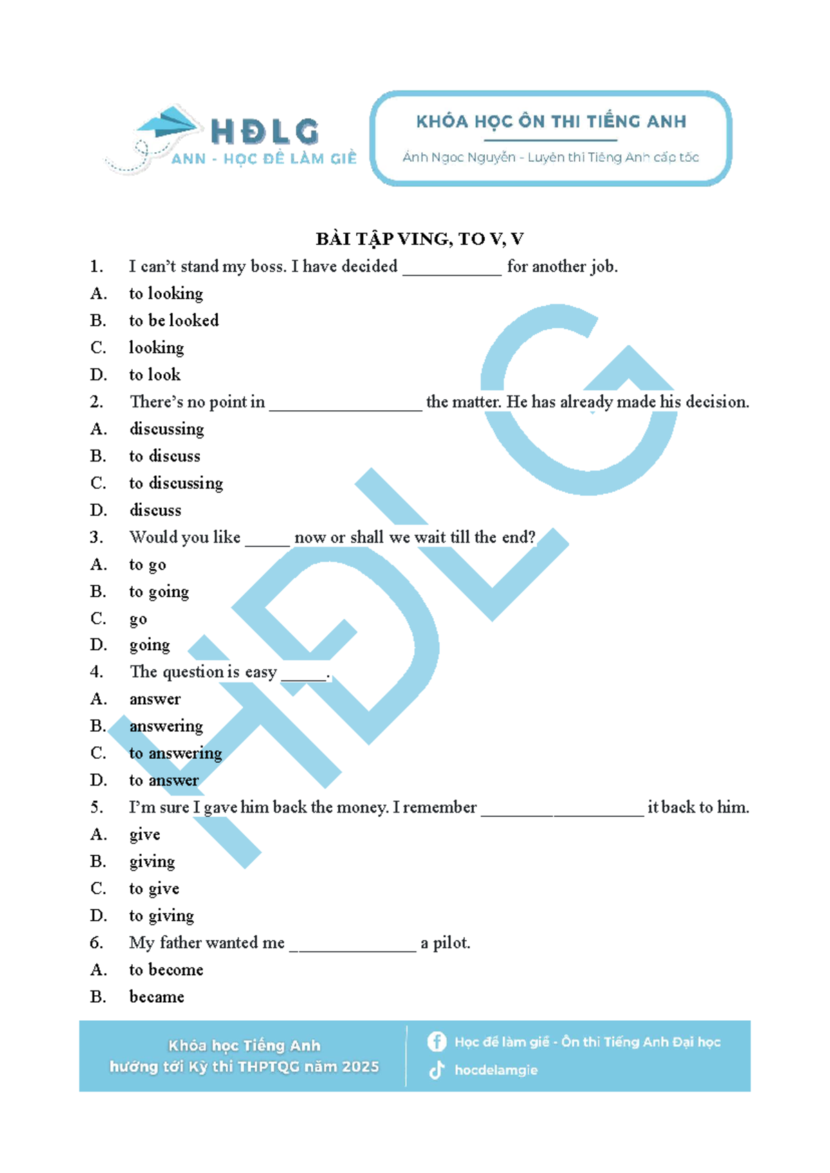 BÀI TẬP VING-TO V - Exercises on Verb Forms - Studocu