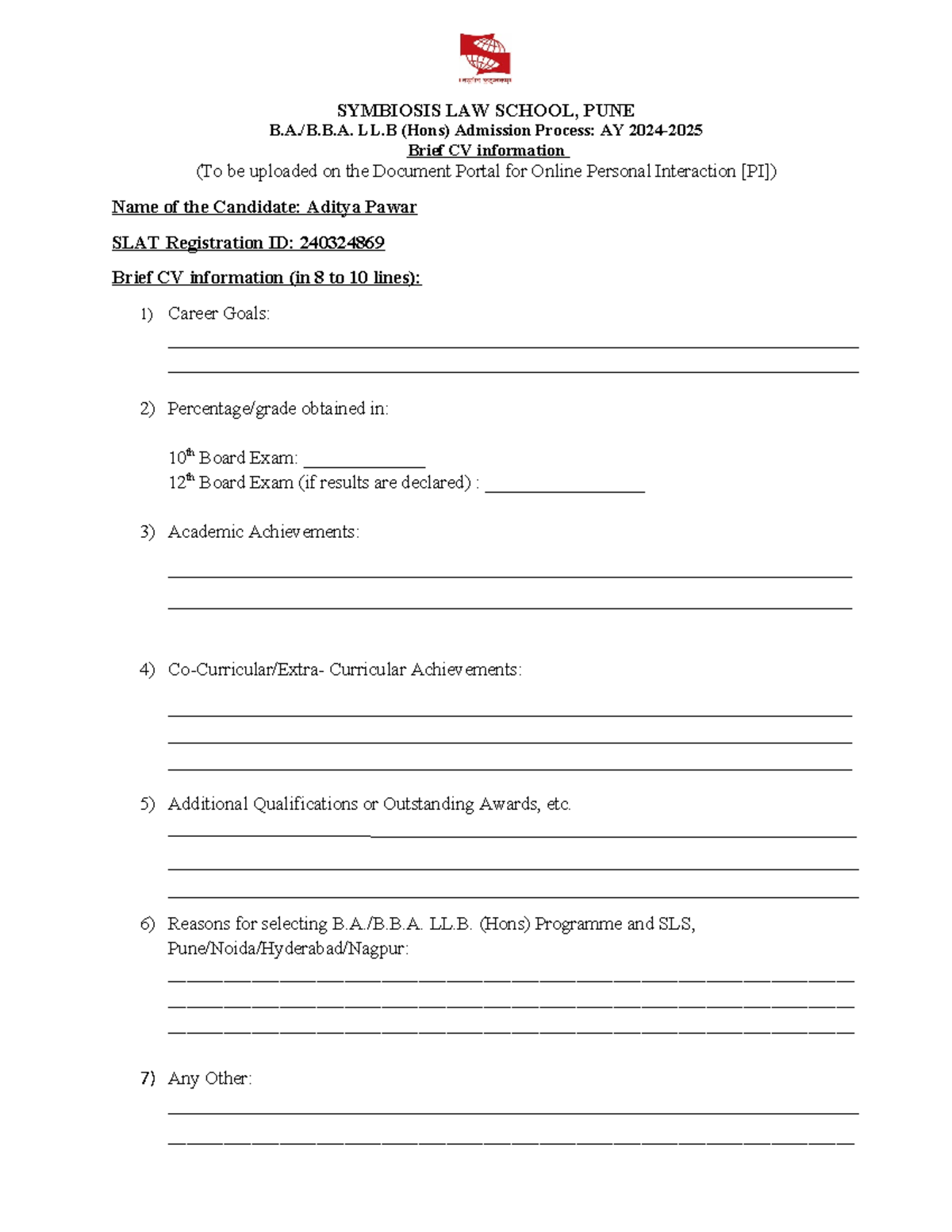 Brief CV - SYMBIOSIS LAW SCHOOL, PUNE B.A./B.B. LL (Hons) Admission ...