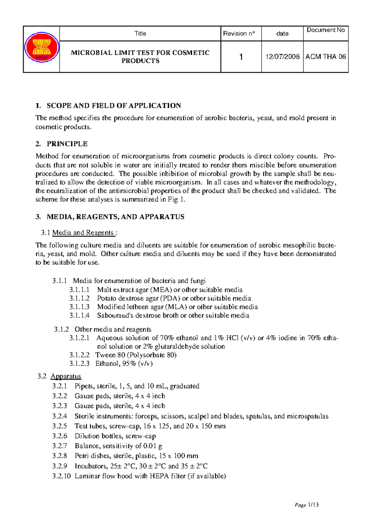Title Revision: MICROBIAL LIMIT TEST FOR COSMETIC PRODUCTS (ACM THA 06 ...