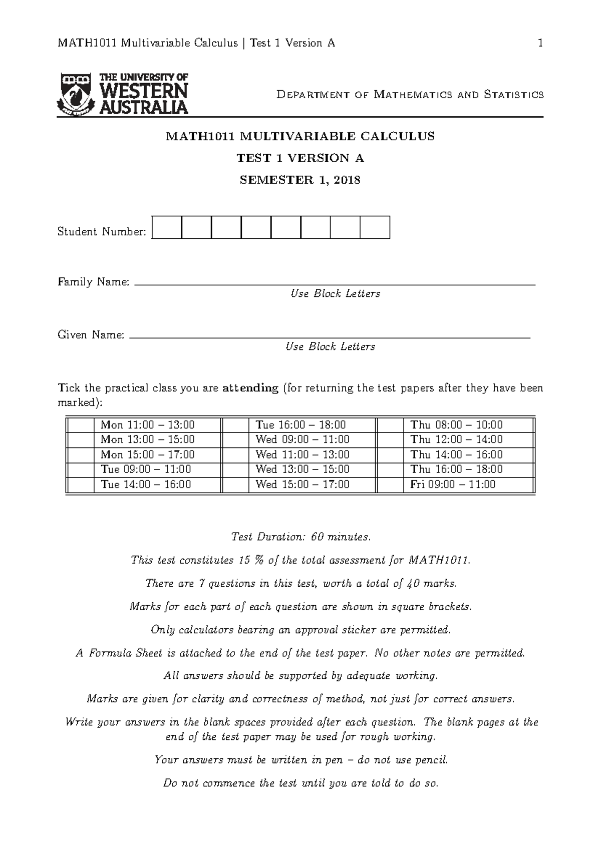 MATH1011 Multivariable Calculus Test 1 Version A - Semester 1, 2018 ...