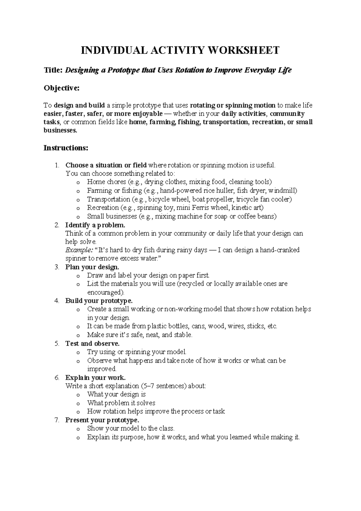 INDIVIDUAL ACTIVITY WORKSHEET: Prototype Design Using Rotation - Studocu
