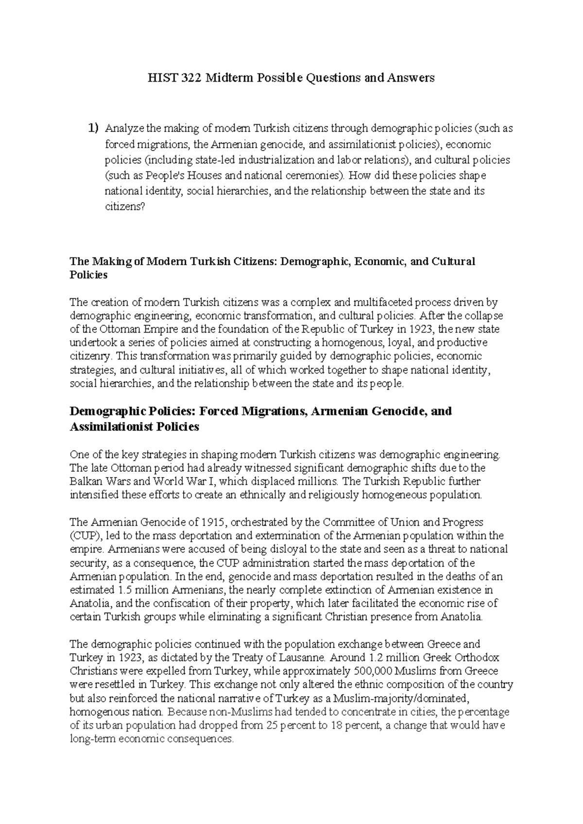 HIST 322 Midterm Exam: Key Questions on Modern Turkish Citizenship - Studocu
