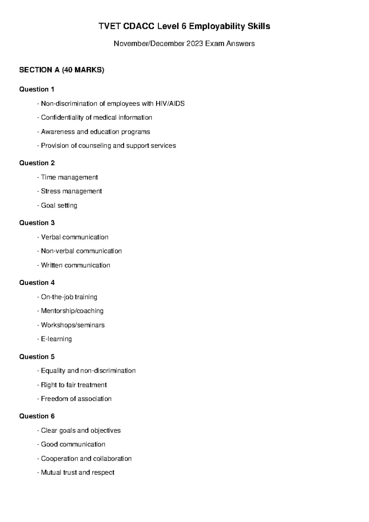 TVET CDACC Level 6 Employability Skills Exam Answers Nov-Dec 2023 - Studocu