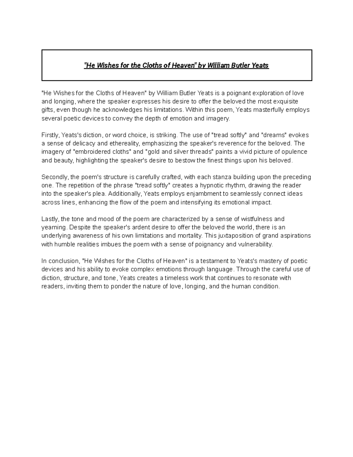 Analysis of He Wishes for the Cloths of Heaven by W.B. Yeats - "He ...