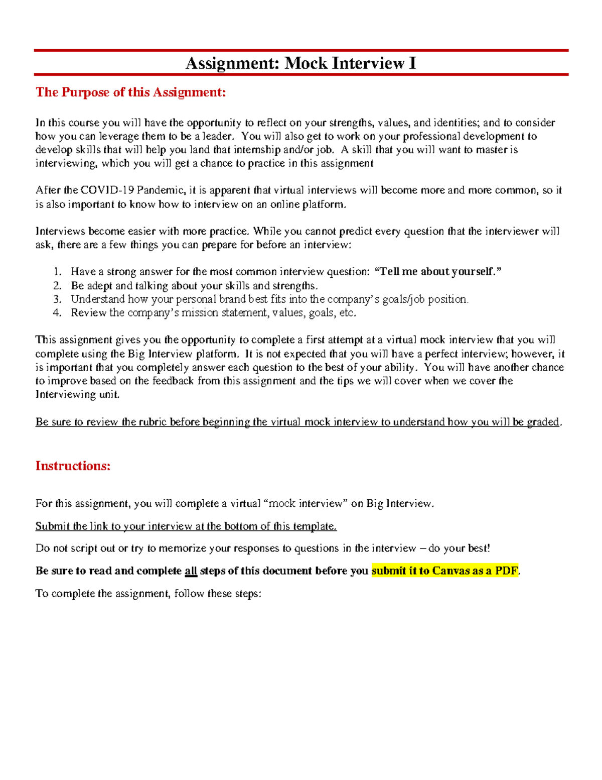 Mock Interview I Assignment Guidelines and Reflection Questions - Studocu