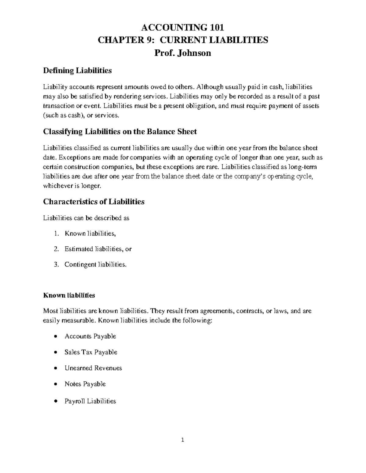 ACCT 101 Chapter 9 Handout - ACCOUNTING 101 CHAPTER 9 : CURRENT LIABILITIES Prof. Johnson ...