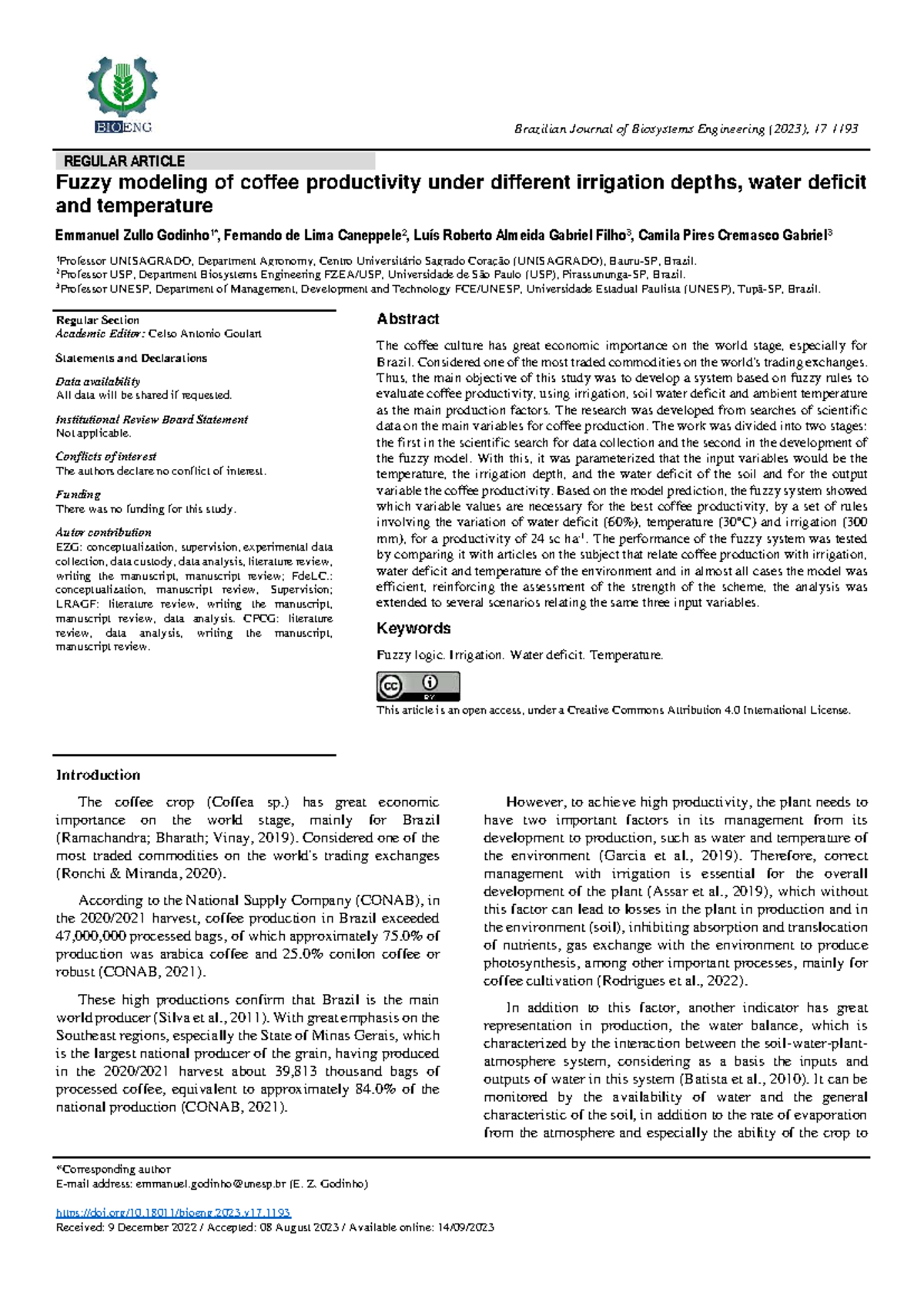 Fuzzy Modeling of Coffee Productivity: Irrigation, Water Deficit & Temp ...