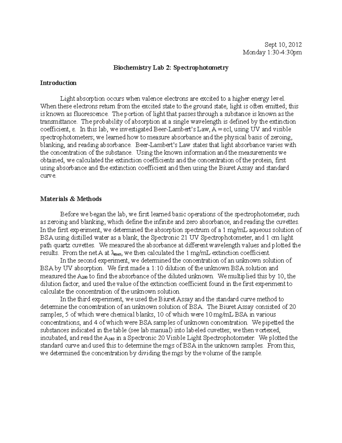 Biochem Lab 2 - Spectrophotometry: Exploring Absorbance and ...
