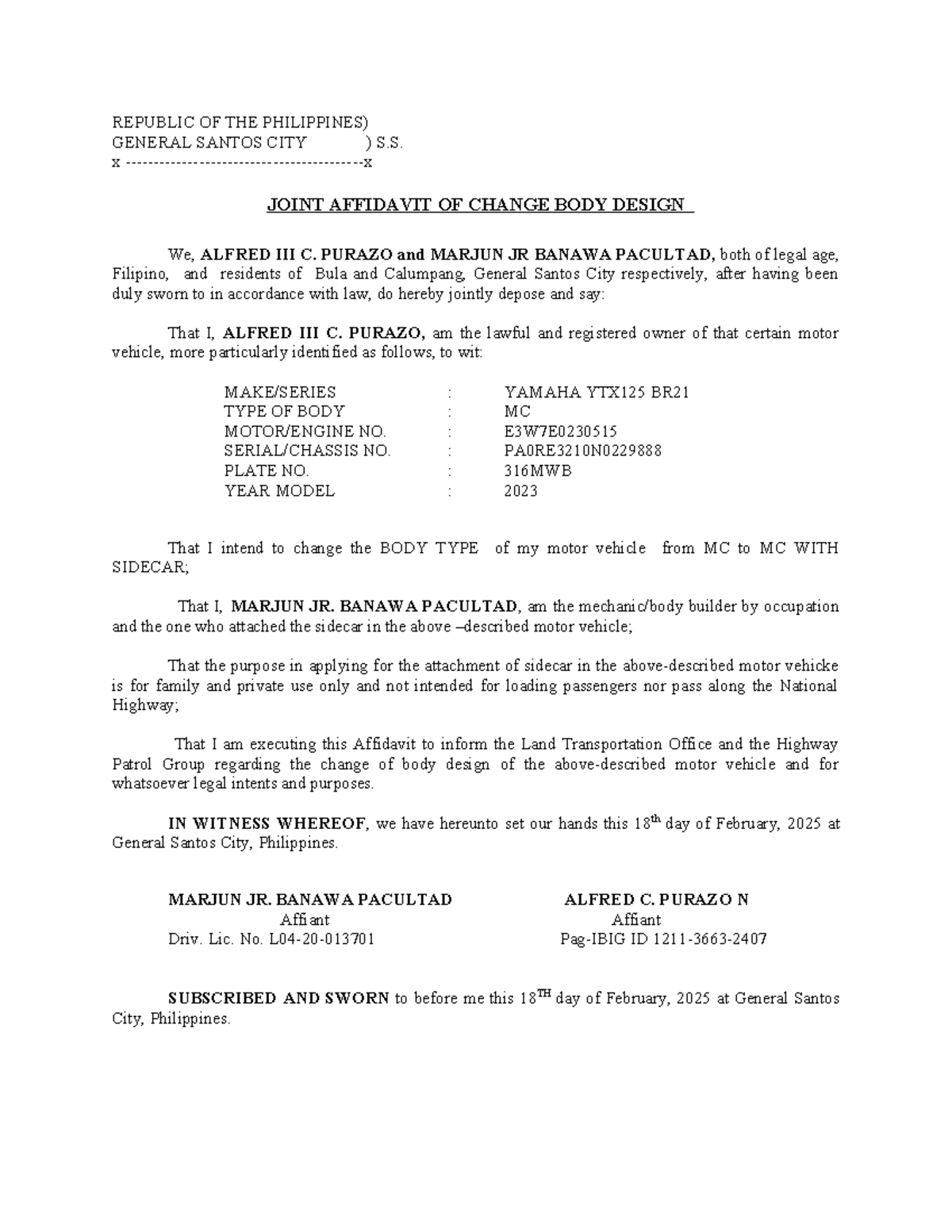 Joint Affidavit for Change of Body Design - AFF 2025 - Studocu