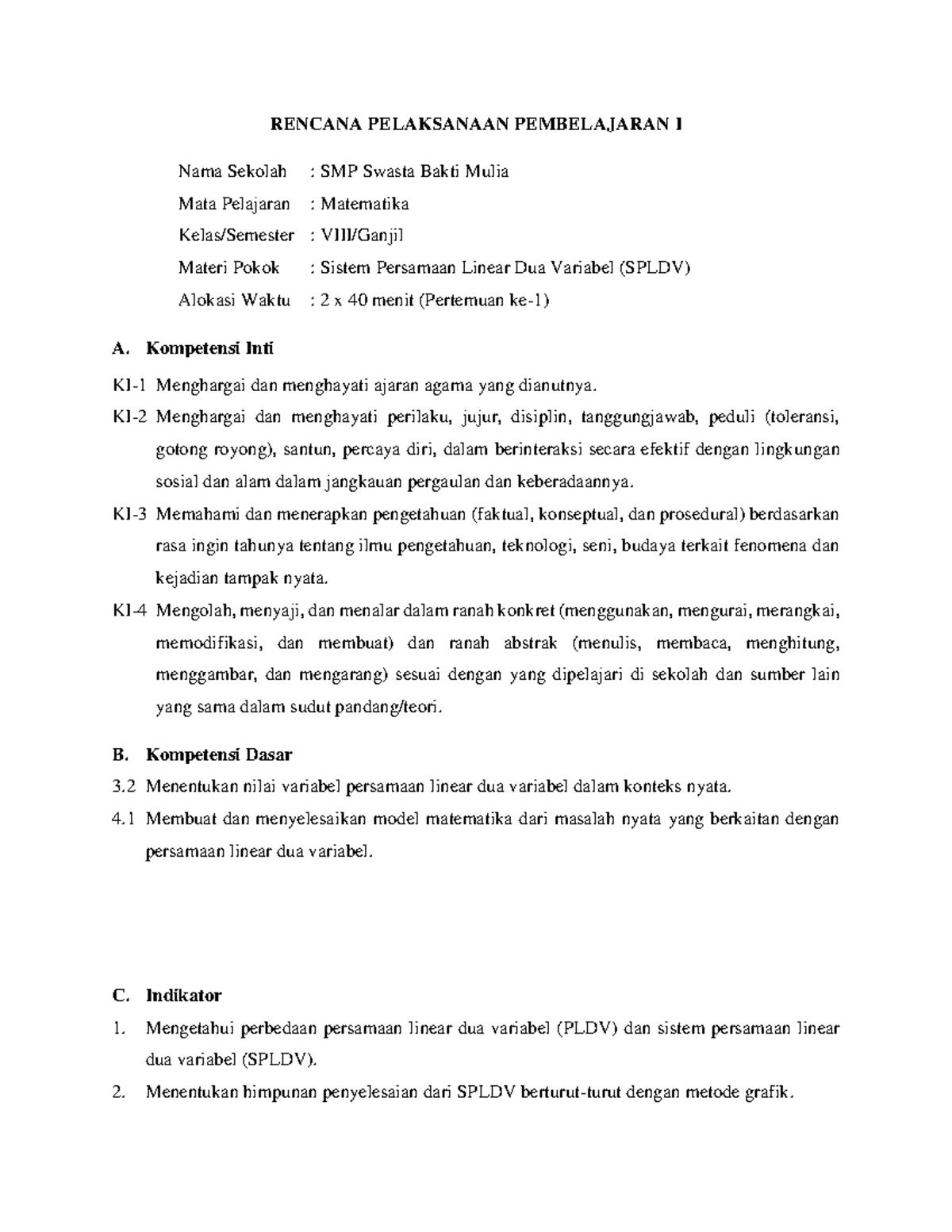 RPP Pembelajaran Matematika SPLDV dengan Model Learning Cycle 5E - Studocu