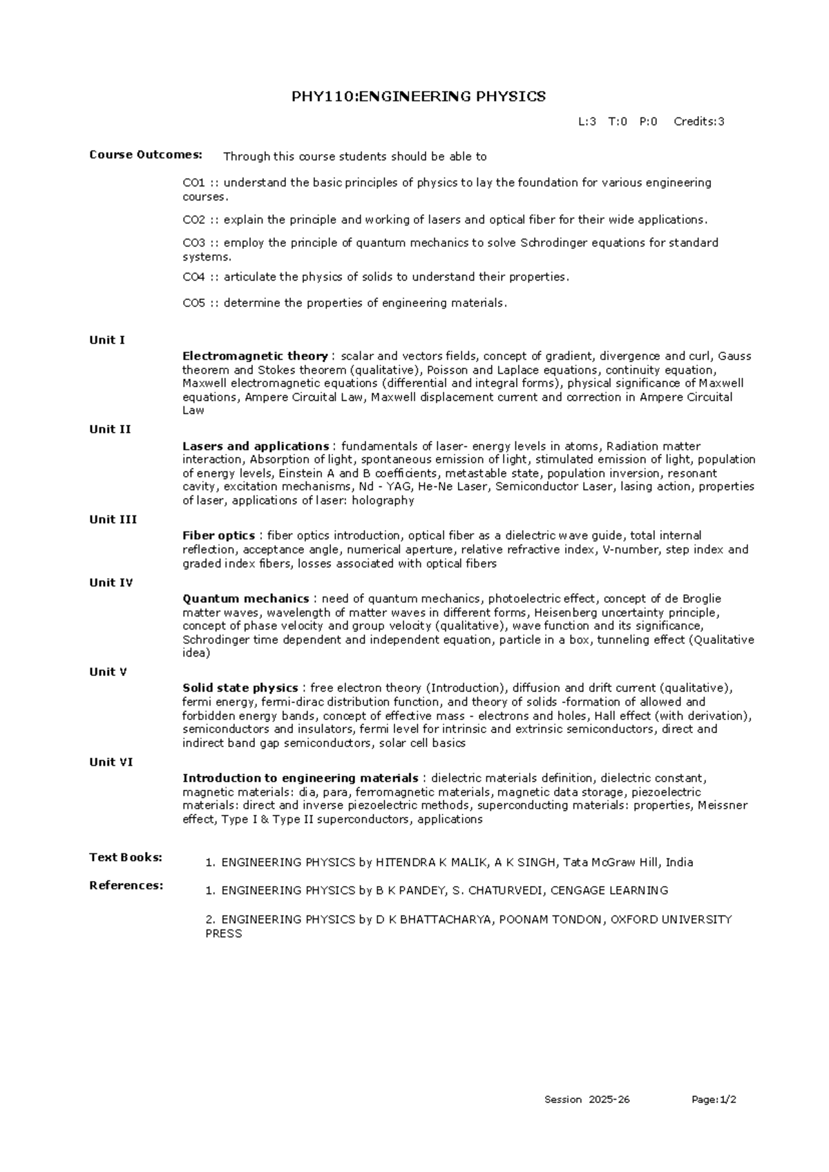 PHY110: Engineering Physics Syllabus and Course Outcomes - Studocu