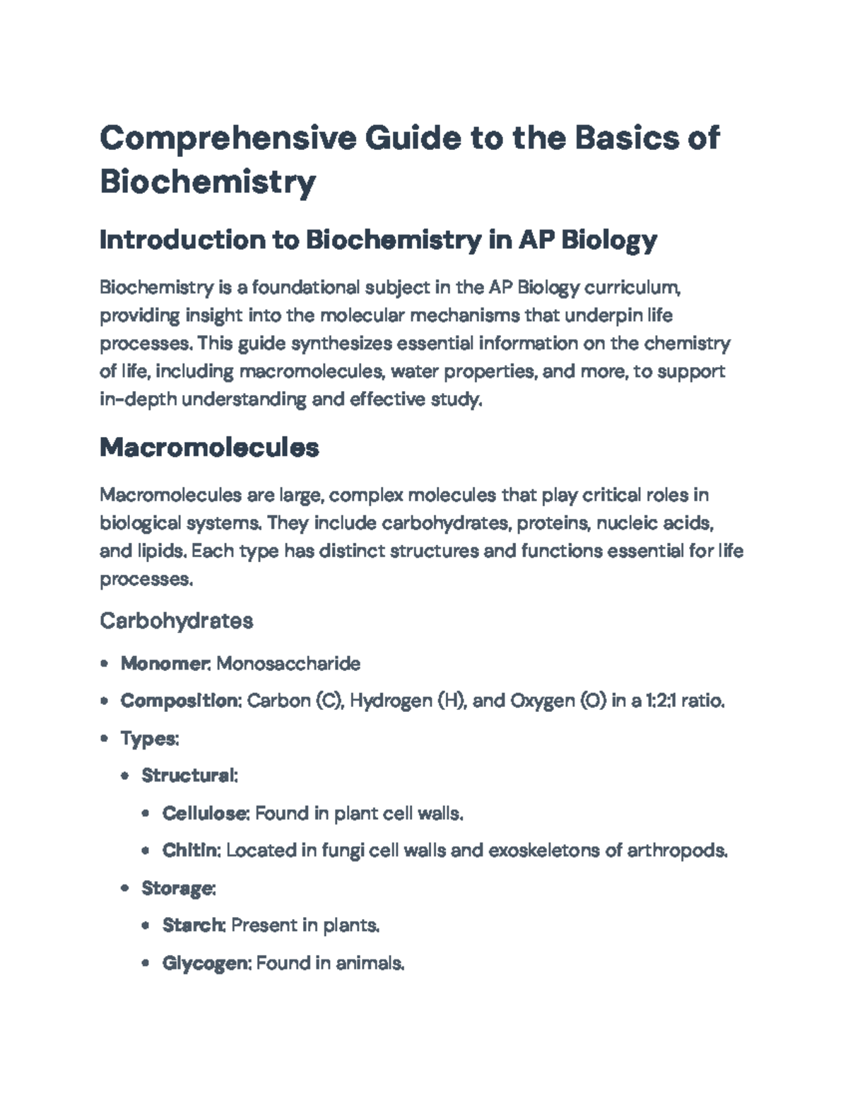 AP Biology Biochemistry Basics: Macromolecules & Water Properties Guide ...