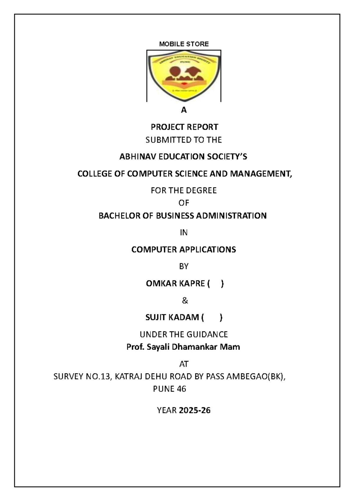 MOBILE STORE MANAGEMENT SYSTEM PROJECT REPORT - T.Y BBA - Studocu