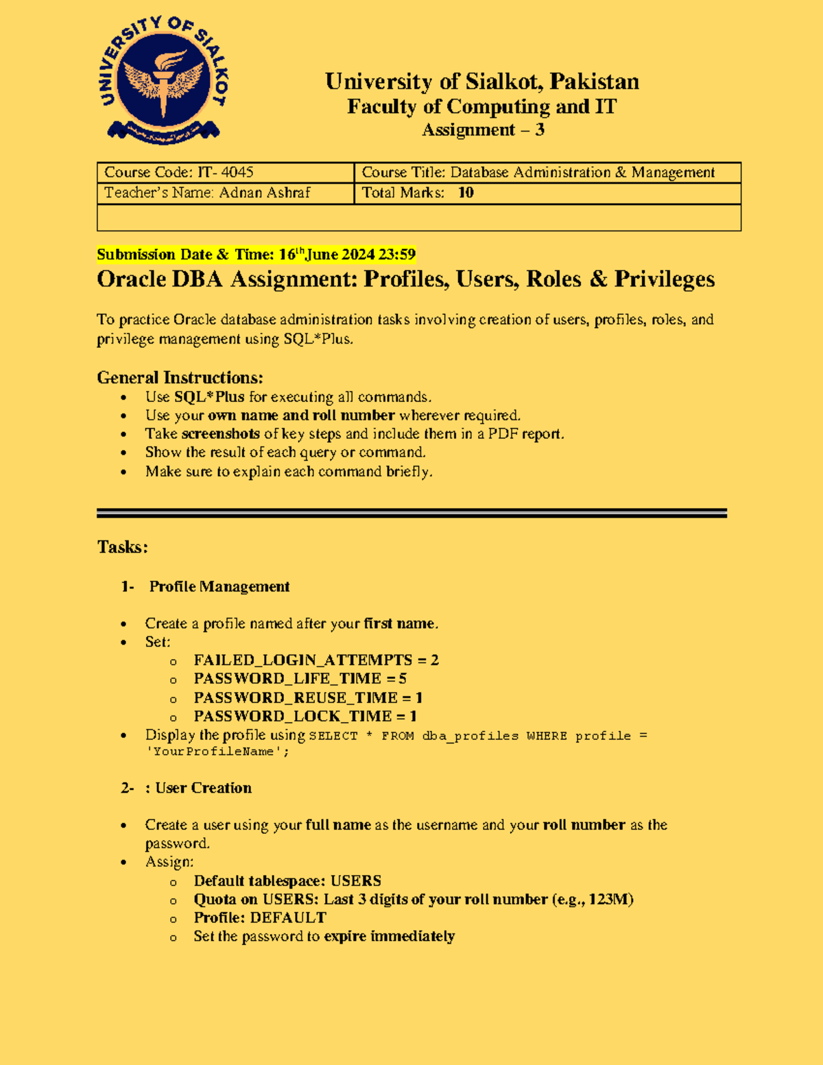 Database Administration Management Assignment 4045: Oracle DBA Tasks ...