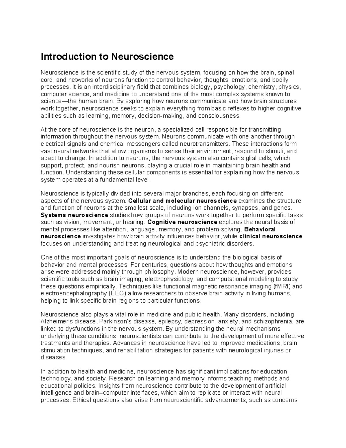 Neuroscience 101: Understanding the Nervous System and Behavior - Studocu