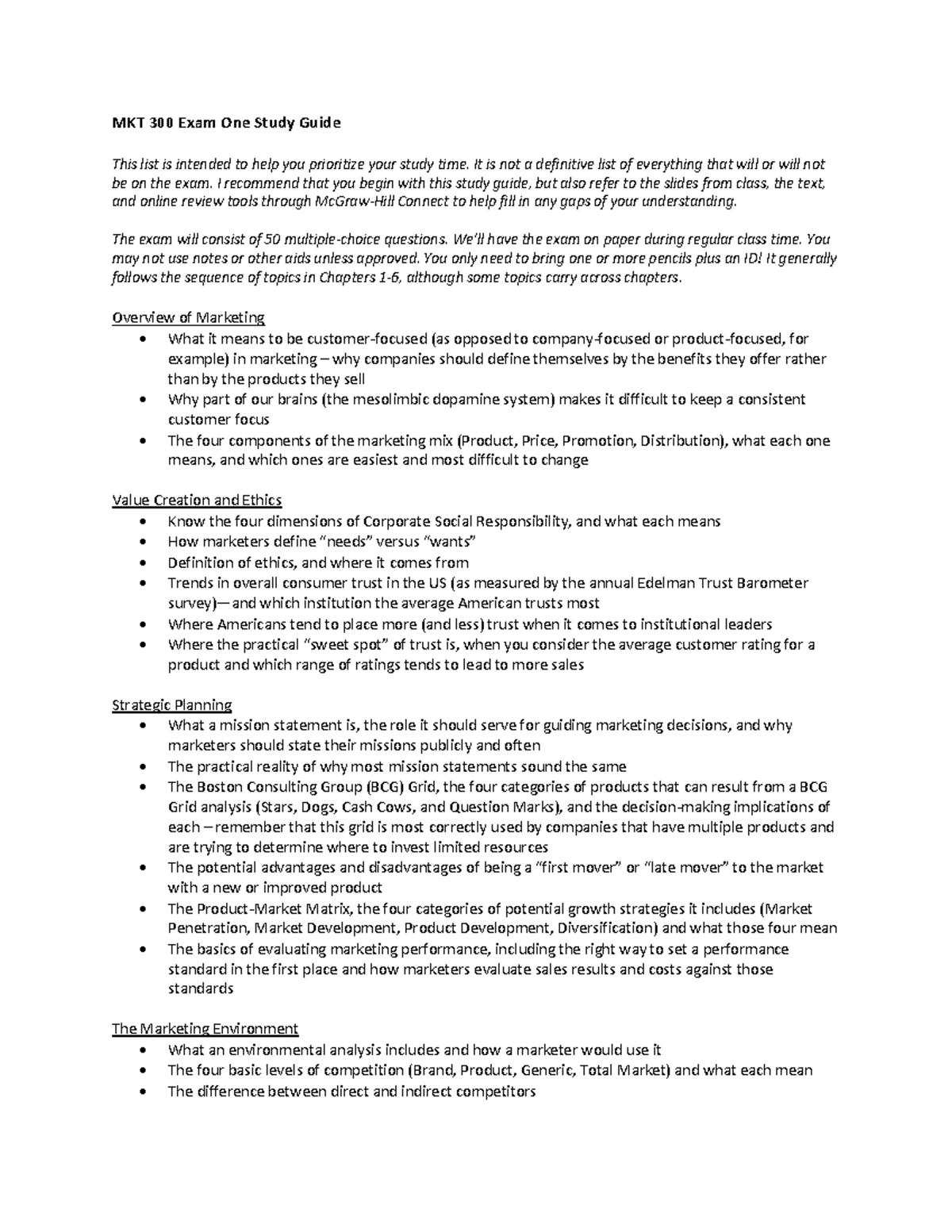 MKT 300 Exam One Study Guide Fall 2024 - MKT 300 Exam One Study Guide ...