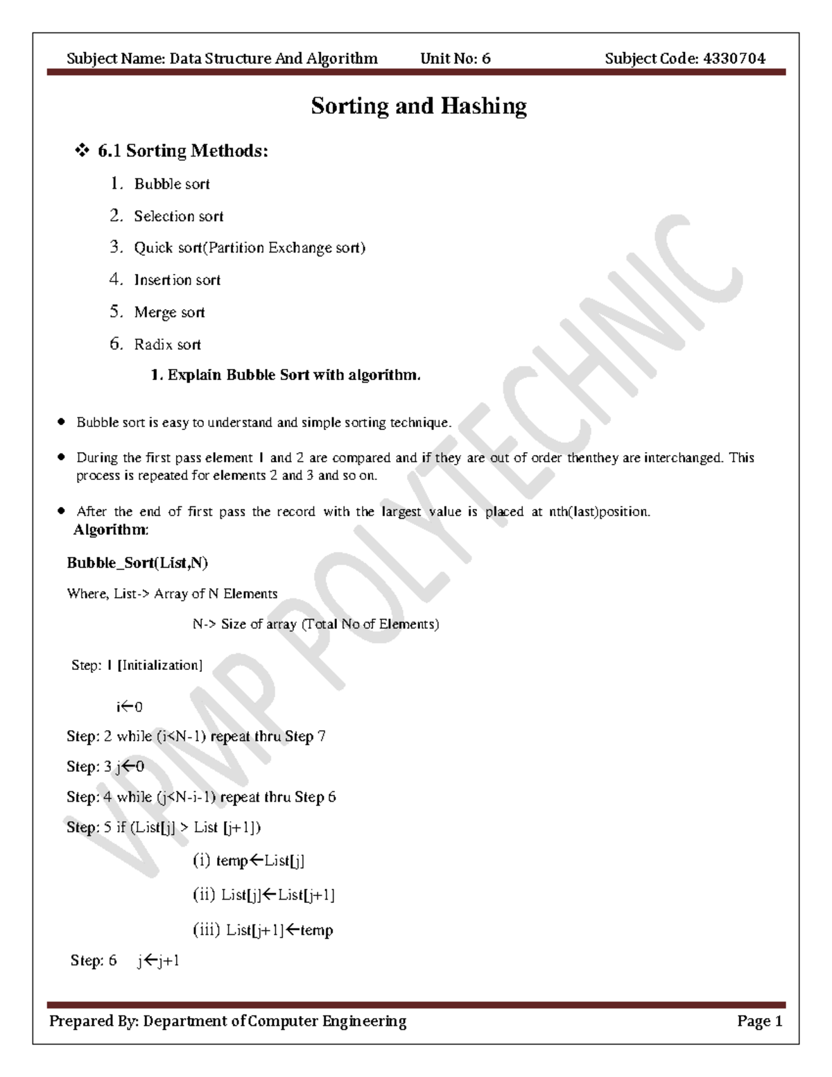 Unit 6: Sorting and Hashing Techniques - Data Structures (4330704 ...