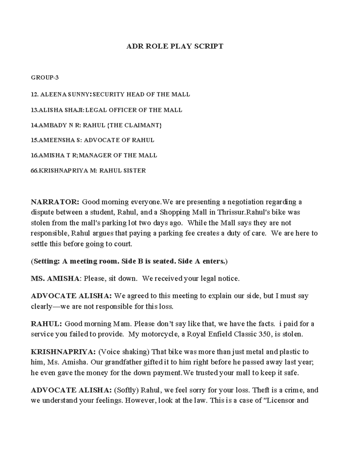 ADR Role Play Script: Mall Dispute Negotiation (DOC-20260107) - Studocu