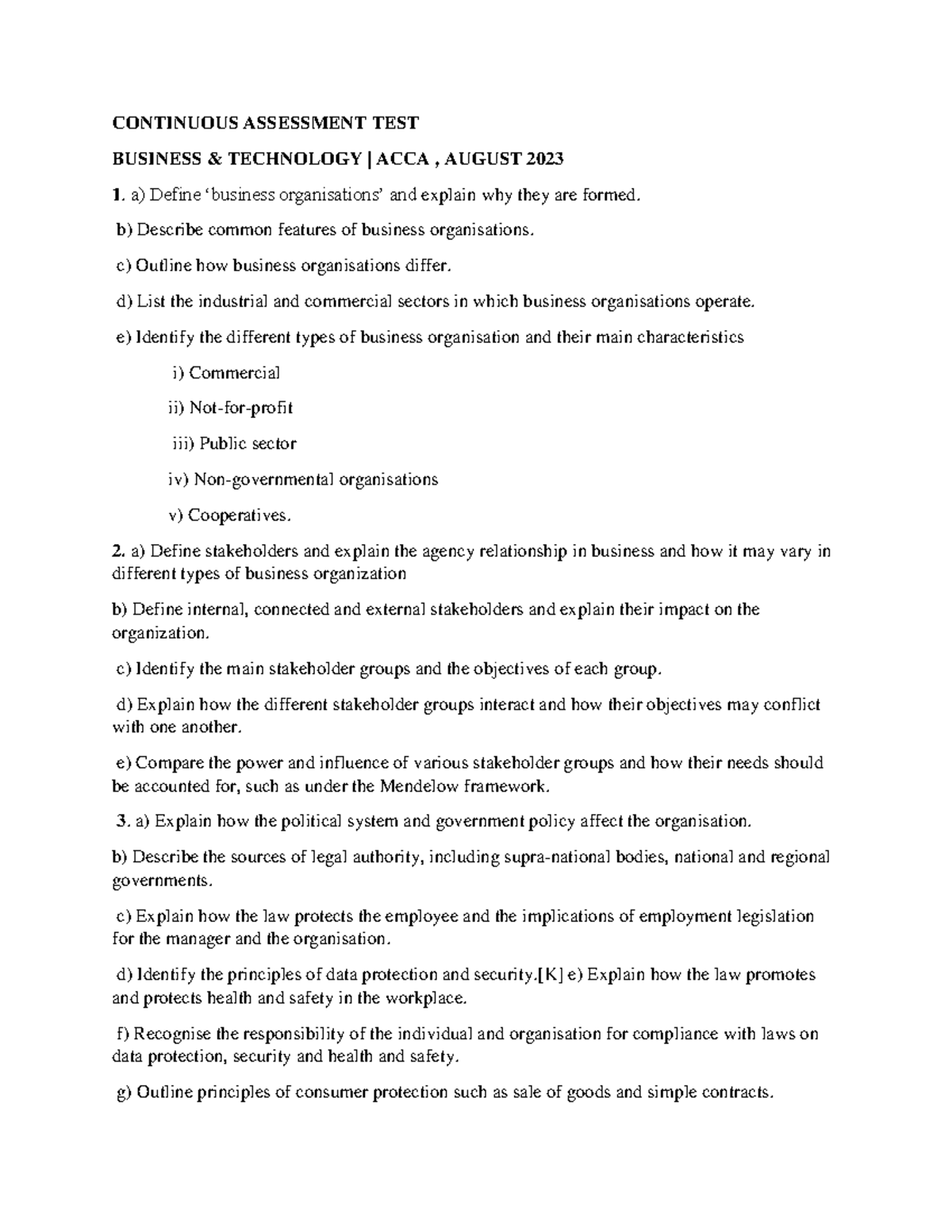 CAT 1: Continuous Assessment Test on Business Technology - ACCA August ...