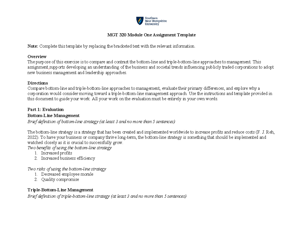MGT 320 Assignment: Comparing Bottom-Line vs. Triple-Bottom-Line ...