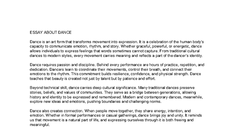 ESSAY ON DANCE: EXPRESSION, CULTURE, AND CONNECTION - Studocu