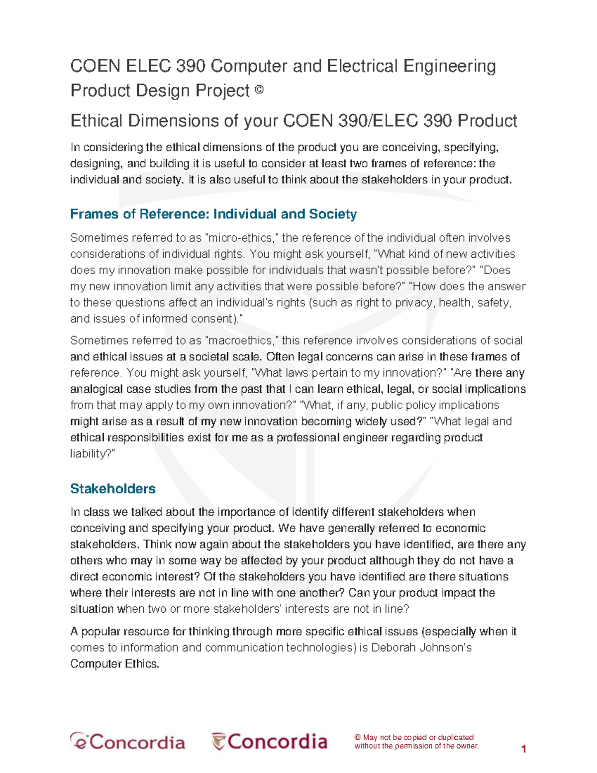 COEN ELEC 390 Project: Ethical Dimensions in Product Design - Studocu