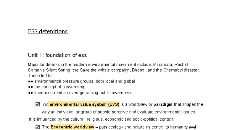 ESS Definitions Unit 1: Foundations of Environmental Systems - Studocu