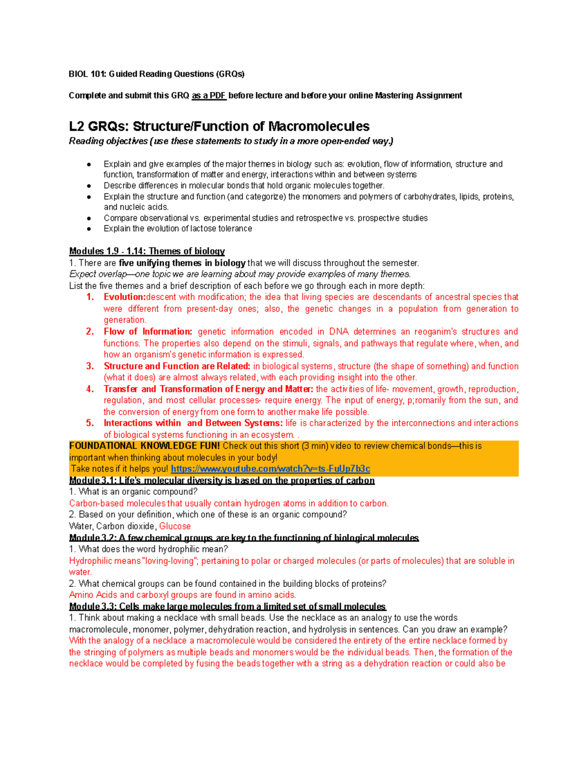 BIOL 101: Comprehensive Guided Reading Questions on Macromolecules ...
