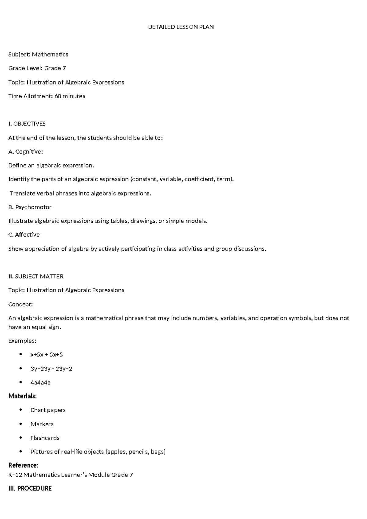 MATH 7 Detailed Lesson Plan: Illustrating Algebraic Expressions - Studocu