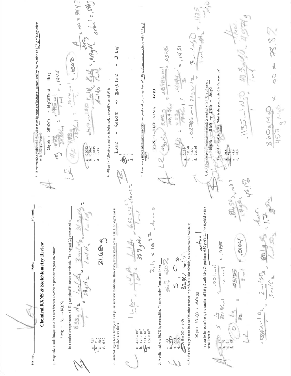 Chemical Reactions and Stoichiometry Review (Chem 101) - Answer Key ...