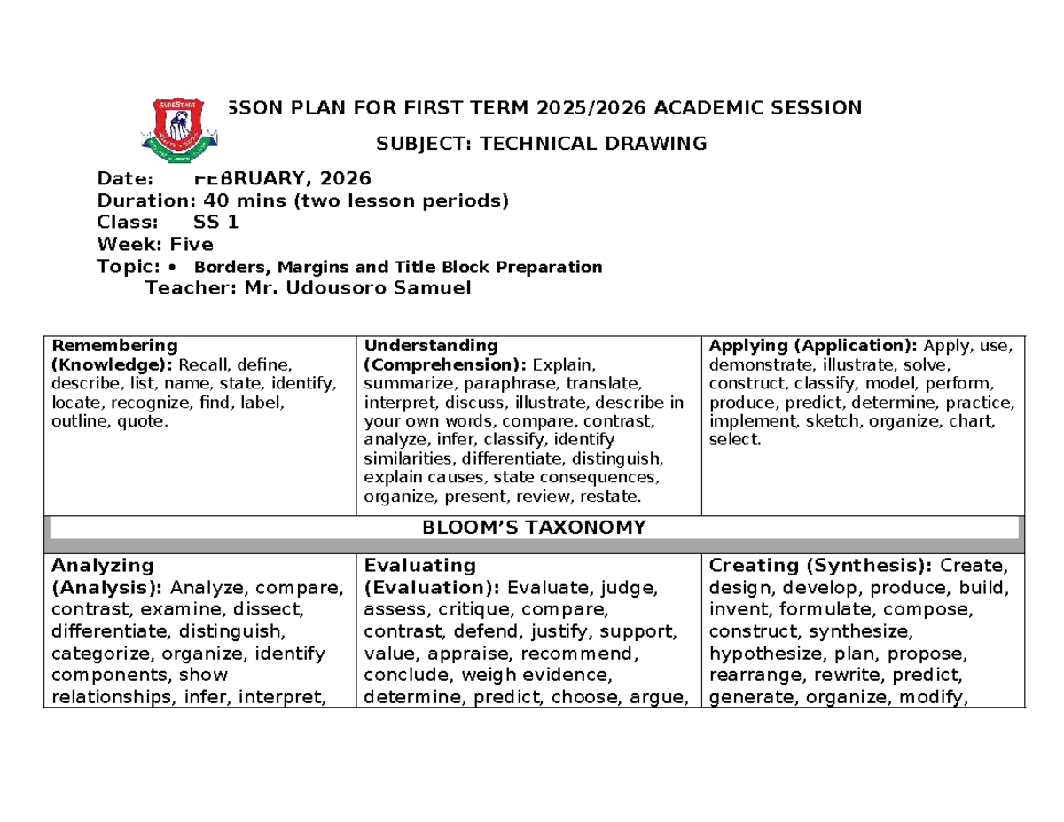 LP WK 5 - TECH DRAWING LESSON PLAN: BORDERS, MARGINS & TITLE BLOCK ...