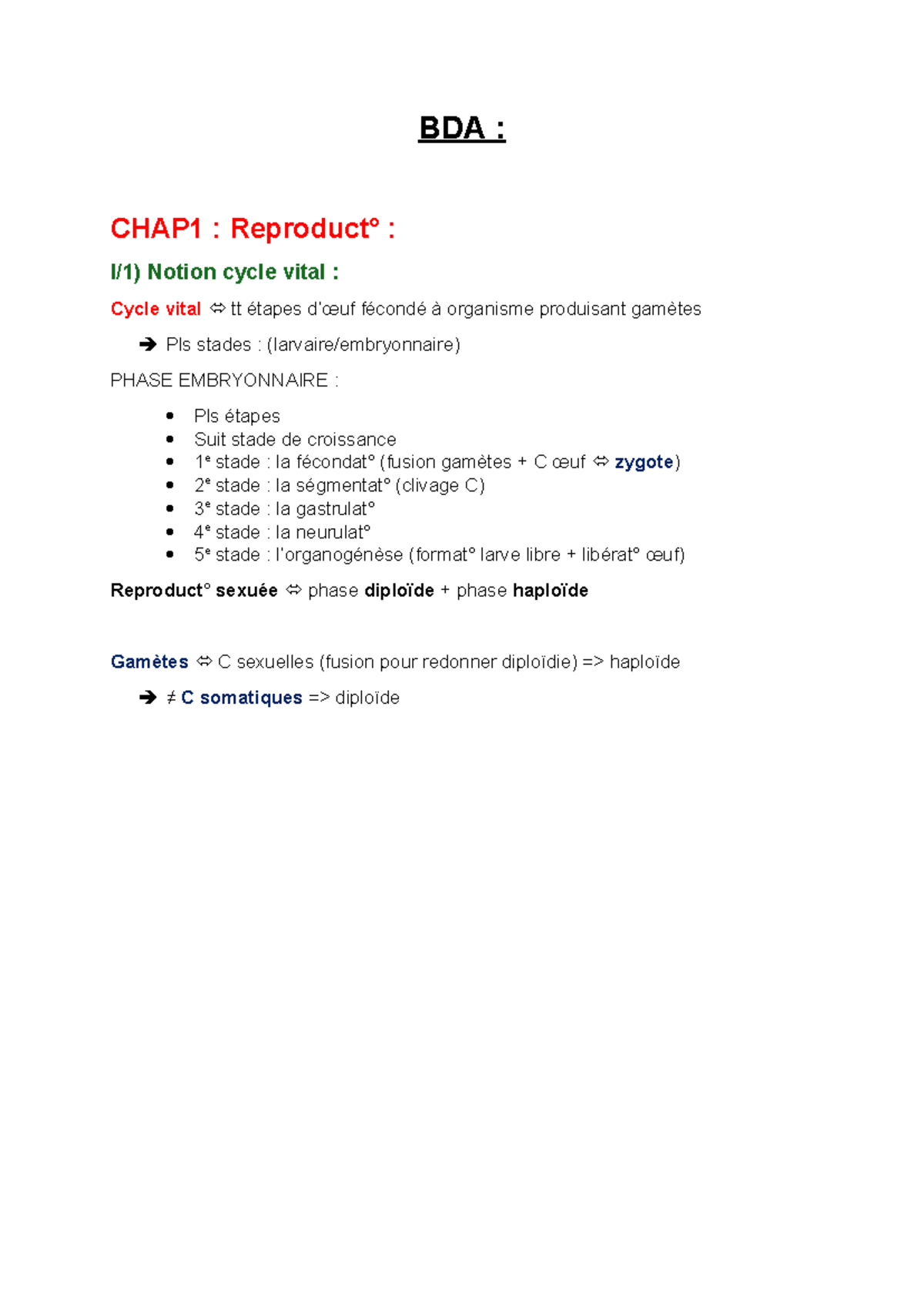 Bda cours - BDA : CHAP1 : Reproduct° : I/1) Notion cycle vital : Cycle ...