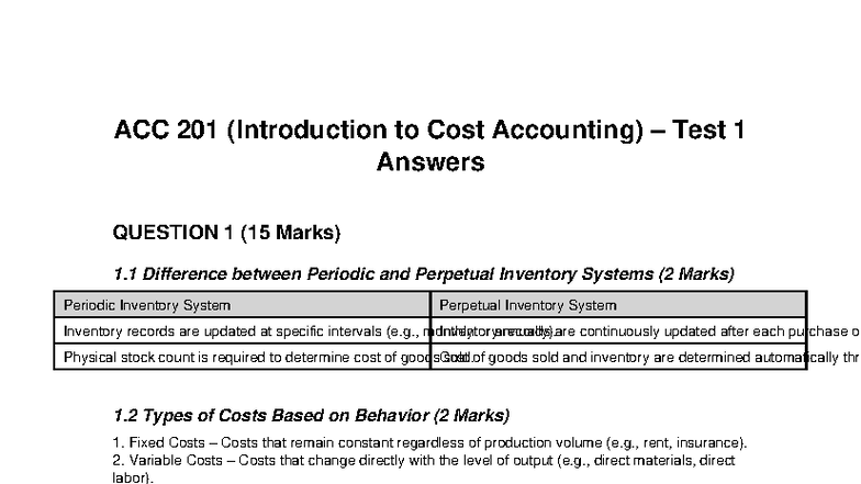 ACC 201 Test 1 Answers: Cost Accounting Concepts Explained - Studocu