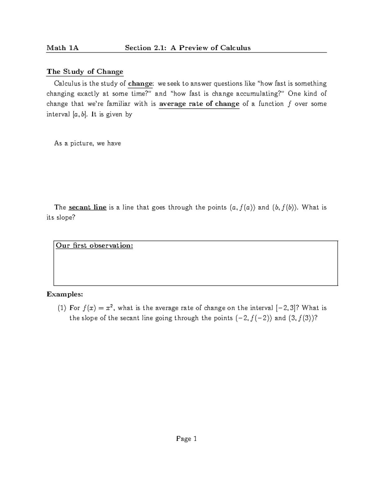 Math 1A: Section 2.1 - Exploring Average and Instantaneous Rates of ...