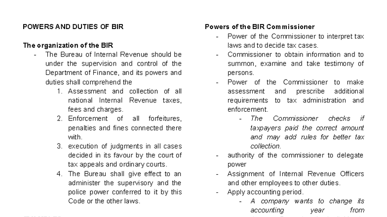 Powers and Duties of the BIR: A Comprehensive Overview - Studocu