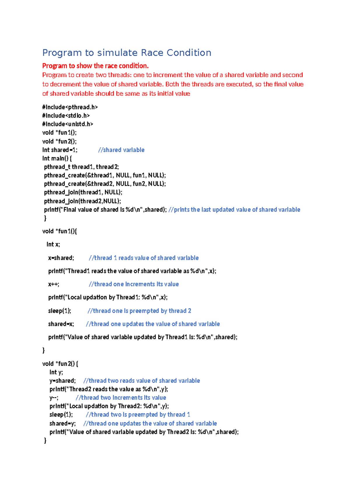 Question of lab - Program to simulate Race Condition Program to show ...