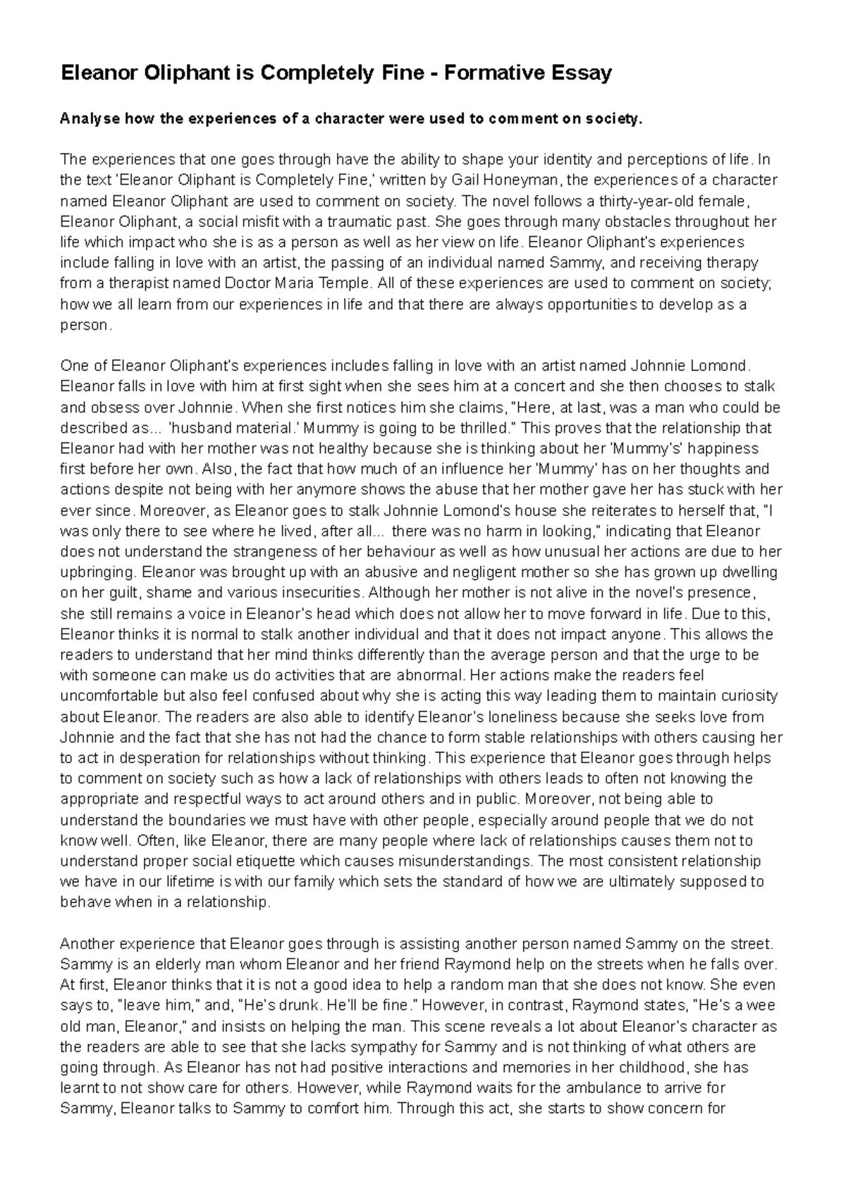 NCEA Level 2 2.1 - Formative Essay on Eleanor Oliphant's Societal ...