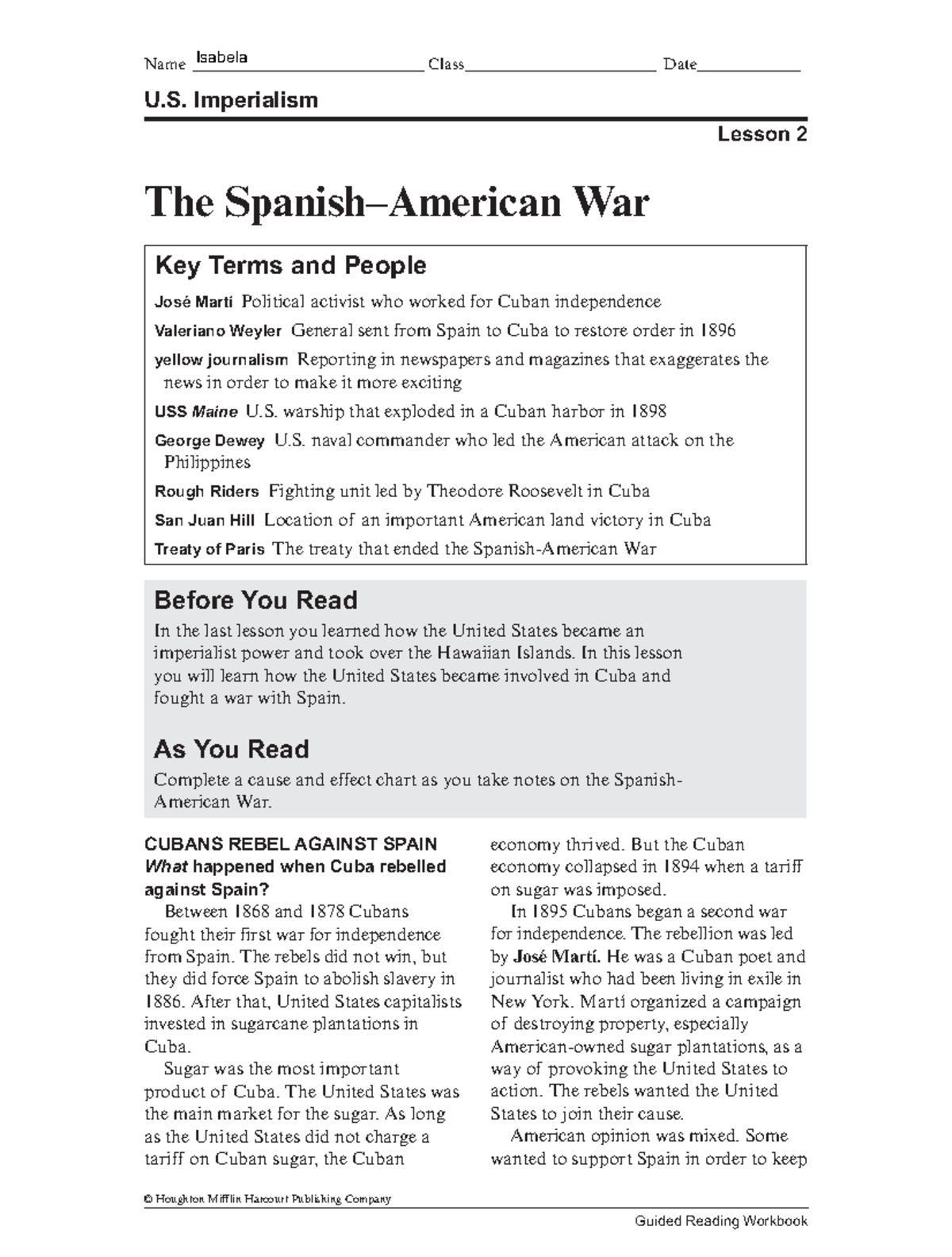 MOD 6 LESS 2 Isabela - assignment - U. Imperialism Lesson 2 The Spanish ...