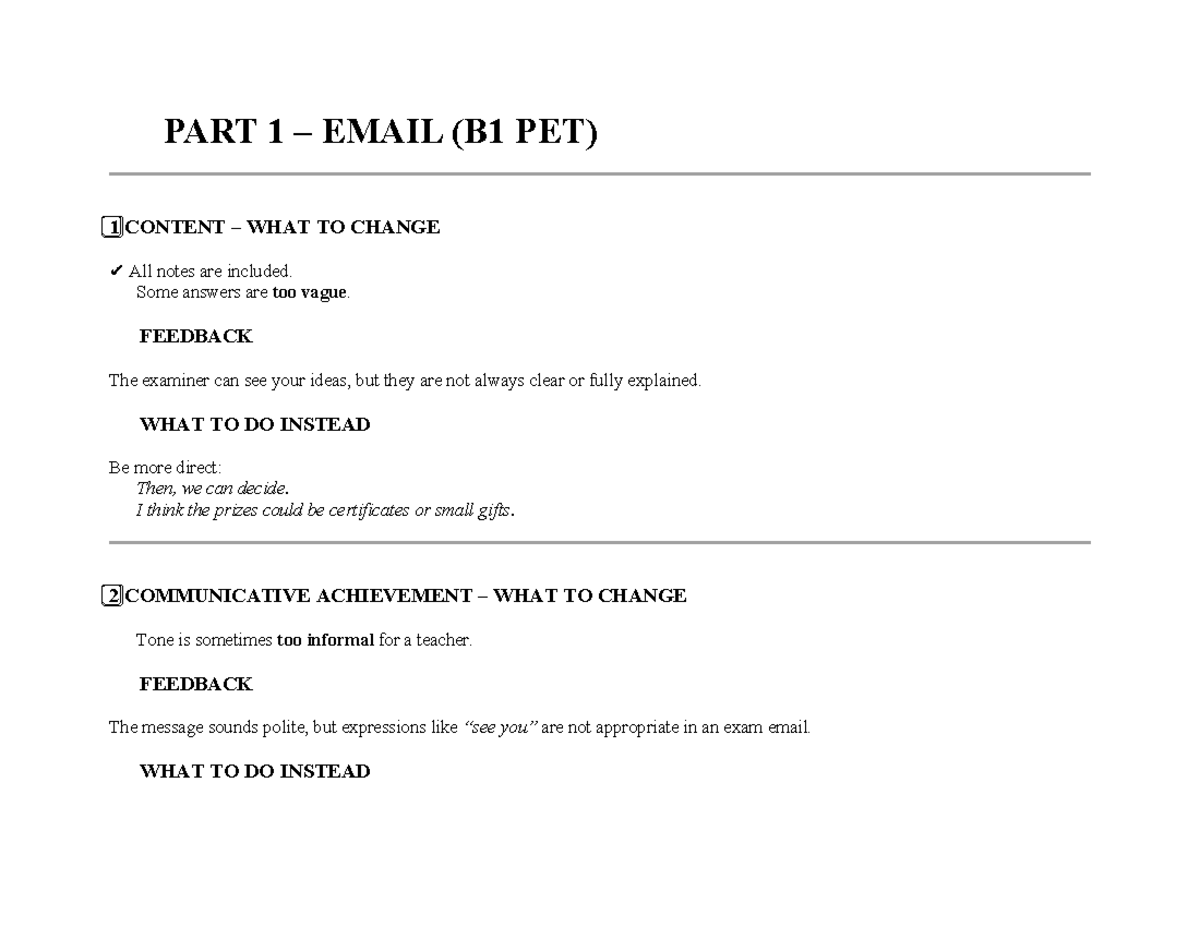 B1 PET Email & Story Writing Feedback and Model Answers - Studocu