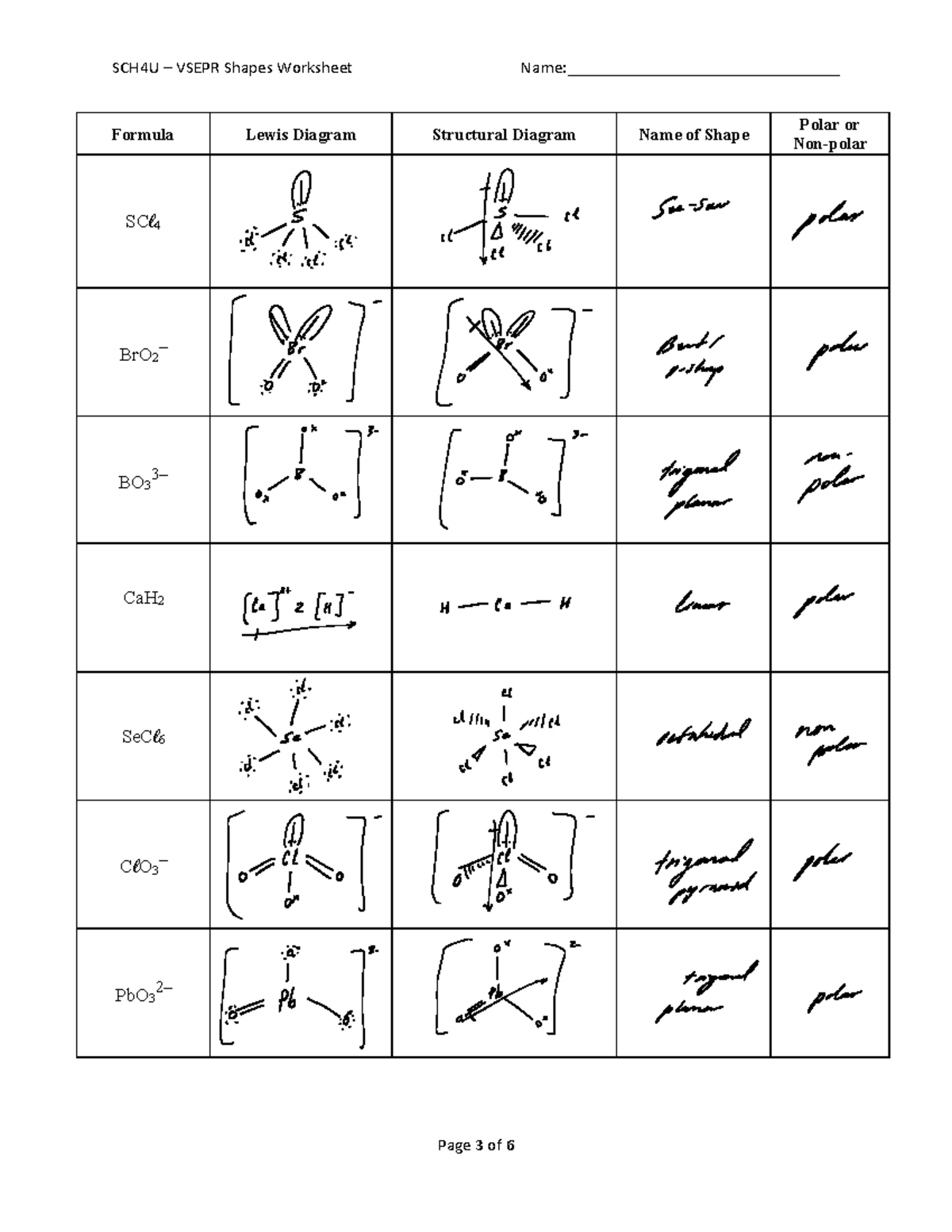 Grade 12 Chemistry - VSEPER Shape practice - Formula Lewis Diagram ...