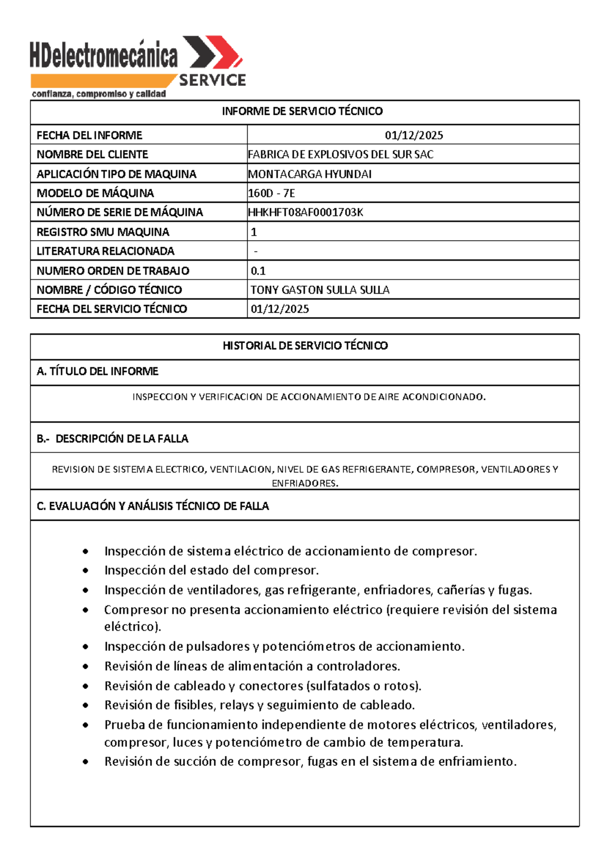 Informe Técnico: Inspección y Verificación Montacarga Hyundai 160D ...
