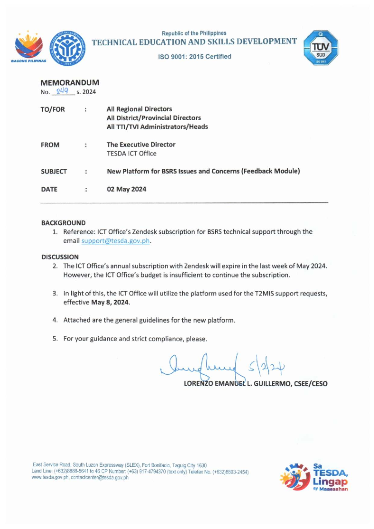 TESDA Memorandum No. 24q s.2024: New BSRS Feedback Module Guidelines ...