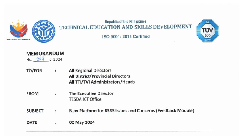 TESDA Memorandum No. 24q s.2024: New BSRS Feedback Module Guidelines ...