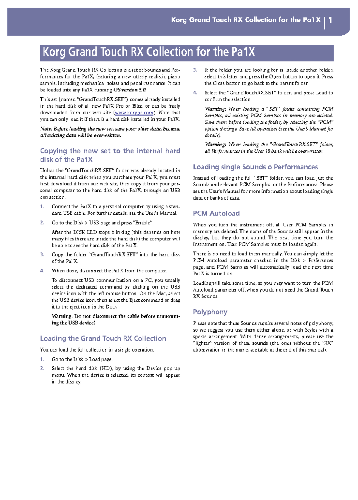 Korg Grand Touch RX Collection for Pa1X: Installation Guide - Studocu