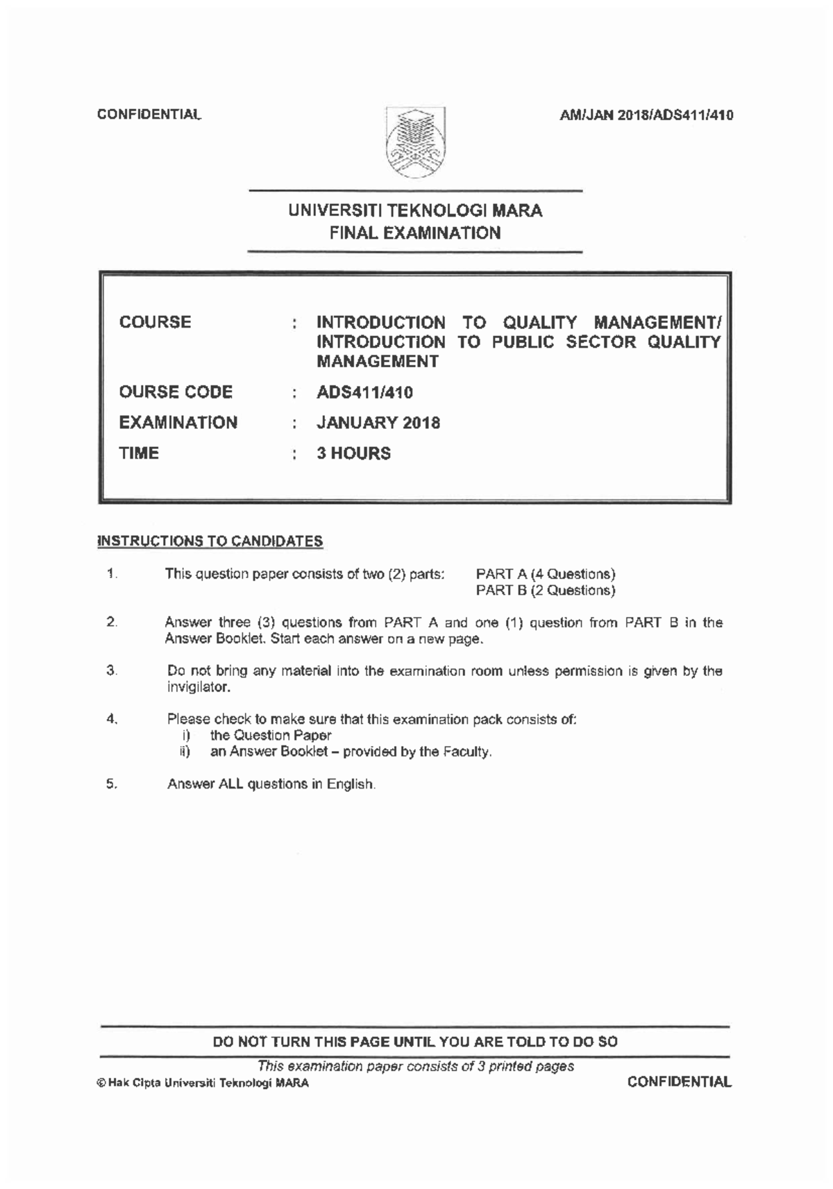 UITM QL 101: Final Exam Paper on Public Sector Quality Management - Studocu