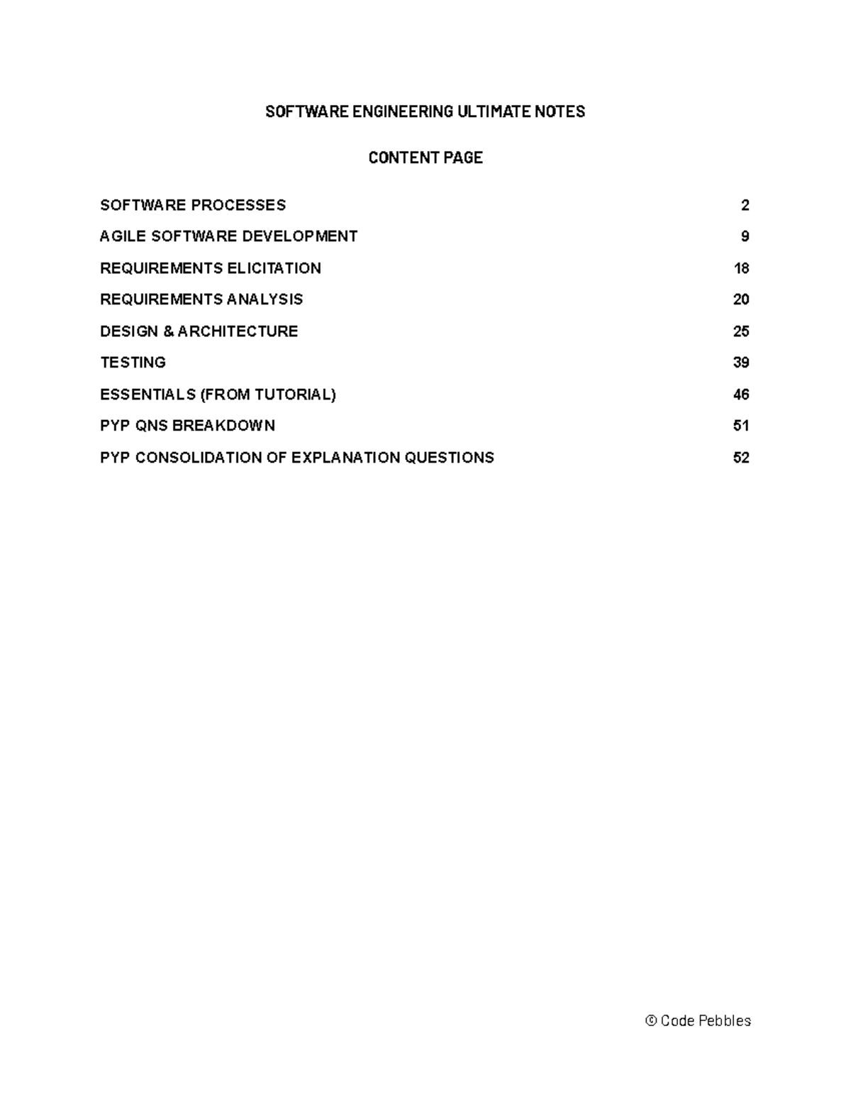 SOFTWARE ENGINEERING ULTIMATE NOTES: CHEAT SHEET & CONTENT PAGE - Studocu