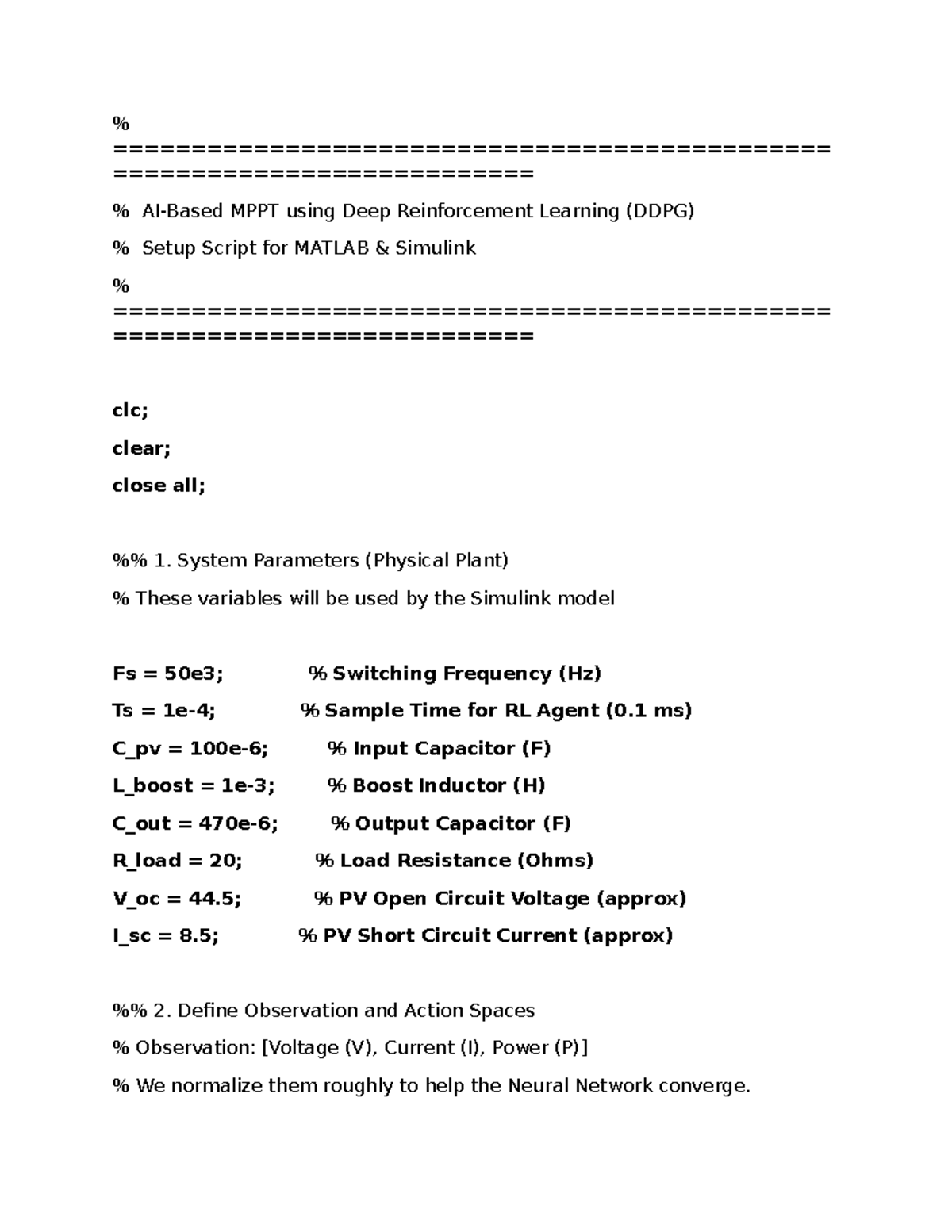 MPPT DDPG Setup Script for MATLAB Simulink: System Parameters ...